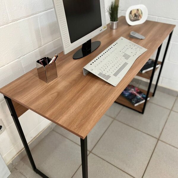 Mesa Multi Uso Com Prateleiras Perfect 137x 50cm Marrom Nogal/preto ...
