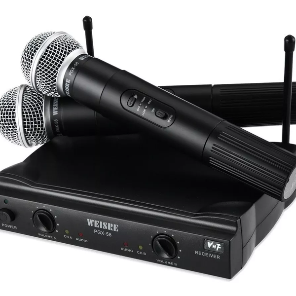 Microfone Duplo Sem Fio Dinâmico Alcance Até 30m Weisre Pgx-58 Antena Dupla + Cabo + Fonte ...