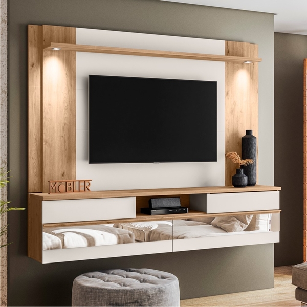 Painel E Rack Para Tv Bloom Com Led Teca Supremo Off Ártico | Leroy Merlin