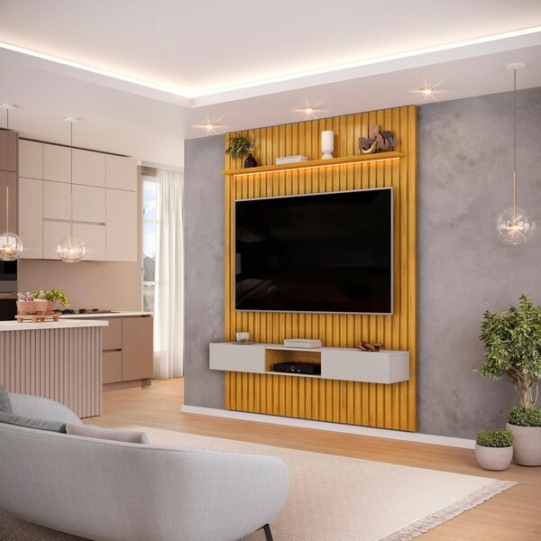 Painel Para Tv Até 60 Polegadas 240cmx183cm Ripado Com Led Trento Cedro ...