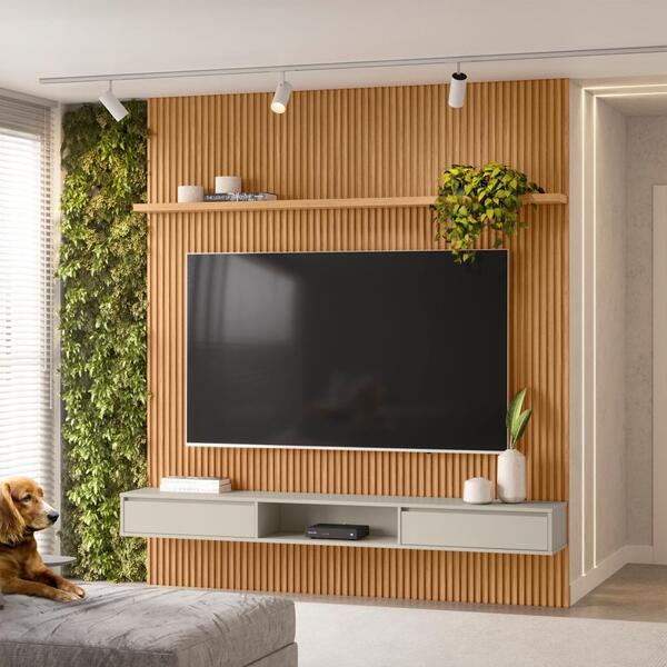 Painel Ripado 2.2 Para Tv Com Nicho E Prateleira Lana Nature Off-white ...