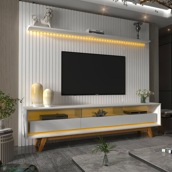 Painel Ripado Rack Para Tv Até 75 Polegadas Led 3 Gavetas Com Pés 230cm Nobre Ripado Branco ...