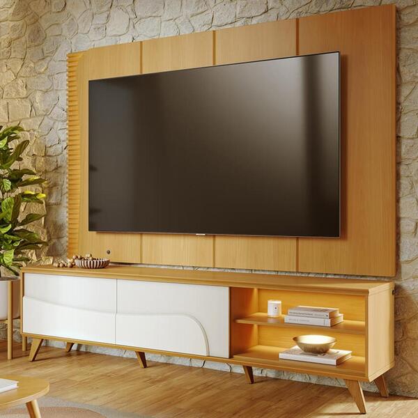 Painel Tv 65 Pol Led E Rack Sala Pé Madeira Dante Naturale/off C05 ...