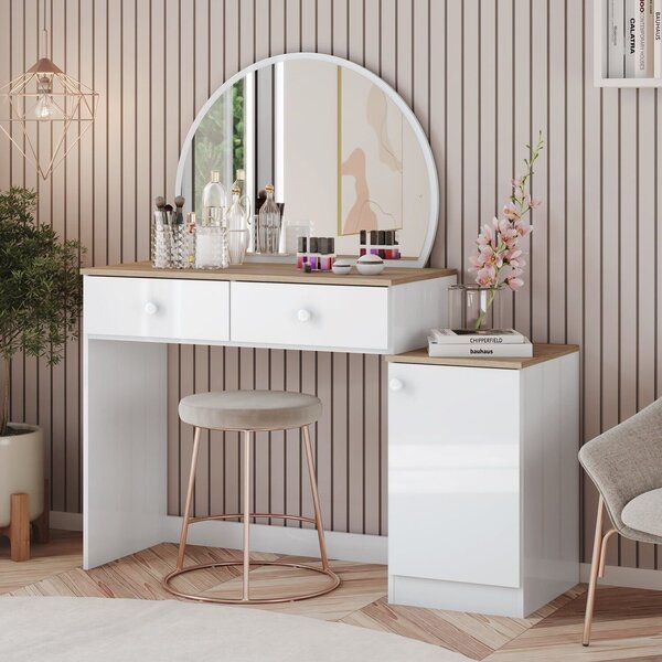 Penteadeira Agnes 2 Gavetas Espelho Circular E Puxadores Em Abs Branco ...