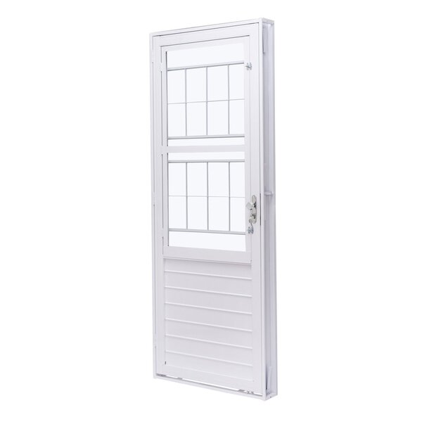 Porta De Aço Com Postigo 215x83cm Com Grade Quadriculada E Vidro Liso ...