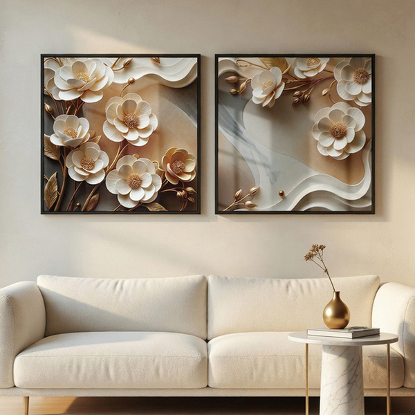 Quadro Decorativo Flores Brancas 3d Abstratas Moldura Premium Preta ...