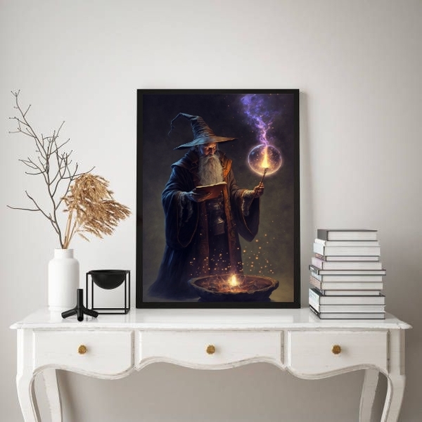 Quadro Decorativo Mago Bruxo 45x34cm - Com Vidro Moldura:madeira Branca ...