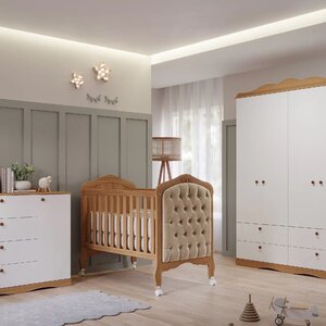 Quarto De Bebê 3 Peças Com Berço Capitonê Cômoda 4 Gavetas E Guarda ...