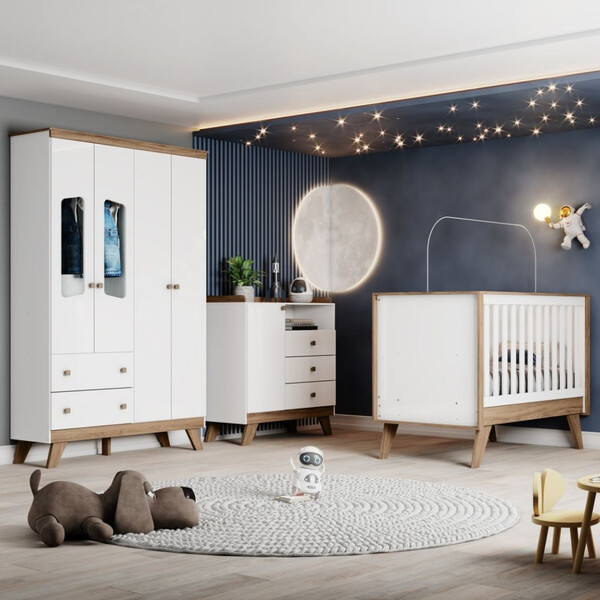 Quarto De Bebê Completo Com Guarda Roupa 4 Portas Cômoda 3 Gavetas E ...