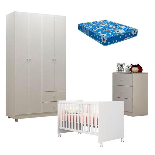 Quarto De Bebê Louise 4 Portas Com Berço Doce Sonho 100 Rodízios Branco ...