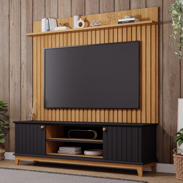 Rack 2 Portas E Painel Ripado Para Tv Até 70 Polegadas Porto Espresso Móveis Preto Chumbo/nature ...
