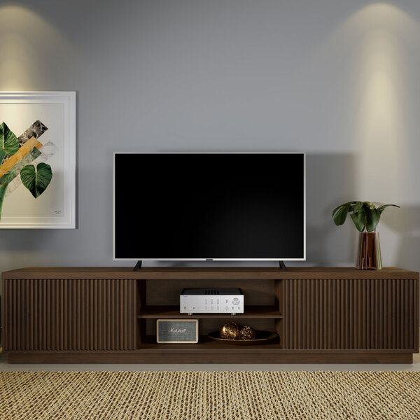 Rack Bancada Para Tv Até 75" 02 Portas Com Detalhe Ripado E 02 Nichos ...