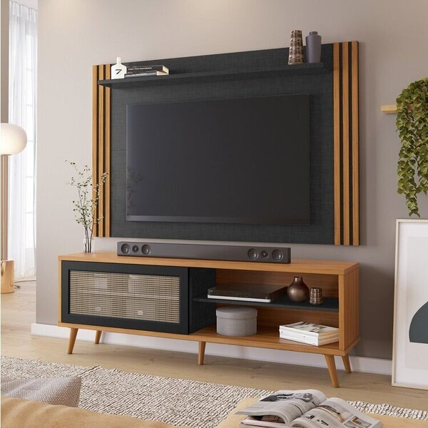 Rack Com Painel Para Tv Até 65 Polegadas Com Ripado E Palhinha Freijo Trend/preto Tx | Leroy Merlin