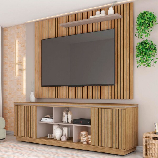 Rack Com Painel Para Tv Até 65 Polegadas Simetria 2 Portas Ripado Mel/cacao - Caemmun | Leroy Merlin