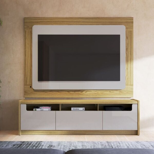 Rack Com Painel Para Tv Até 75 Polegadas 180 Cm Oslo Off White Gloss/freijó | Leroy Merlin