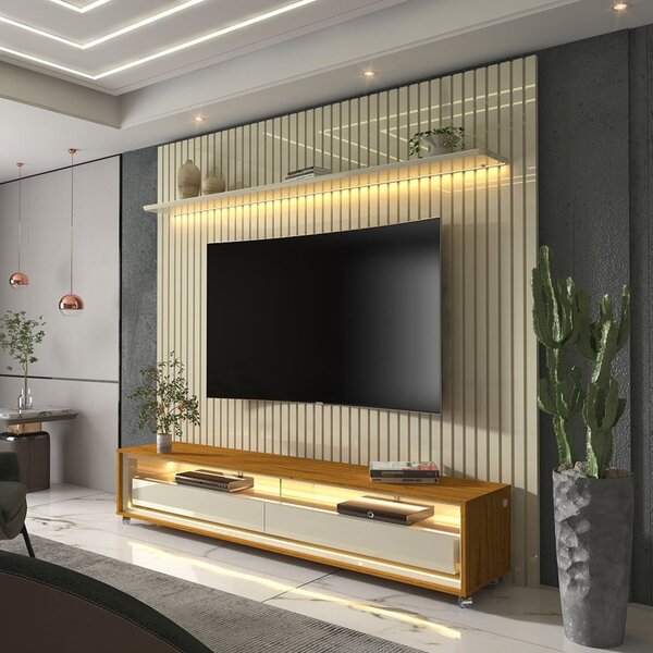 Rack Com Painel Para Tv Até 75 Polegadas Com Led Com Rodízios 185cm Nobre Off White/naturale/off ...