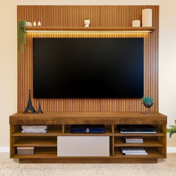 Rack Com Painel Para Tv Até 75 Polegadas Com Led Impressão Ripada 3d Treviso/liverpool Pinho/off ...