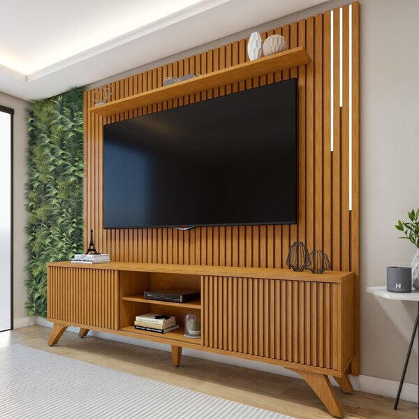 Rack Com Painel Para Tv Até 75 Polegadas Com Ripado 100% Mdf Com Led 218cm Pés Madeira Gaia ...