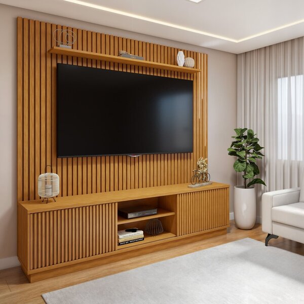 Rack Com Painel Para Tv Até 75 Polegadas Ripado 100% Mdf Com Led 220cm ...