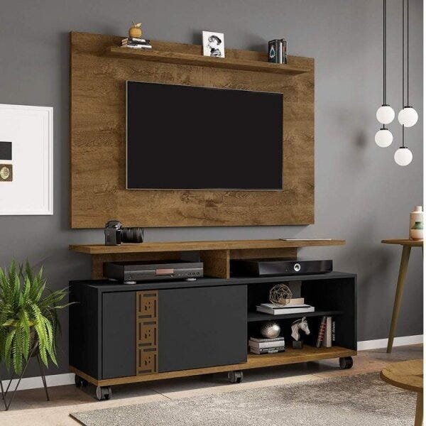Rack Com Painel Para Tvs Até 50 Polegadas Topázio Kenzo Móveis Bechara Madeira Rústica/preto ...