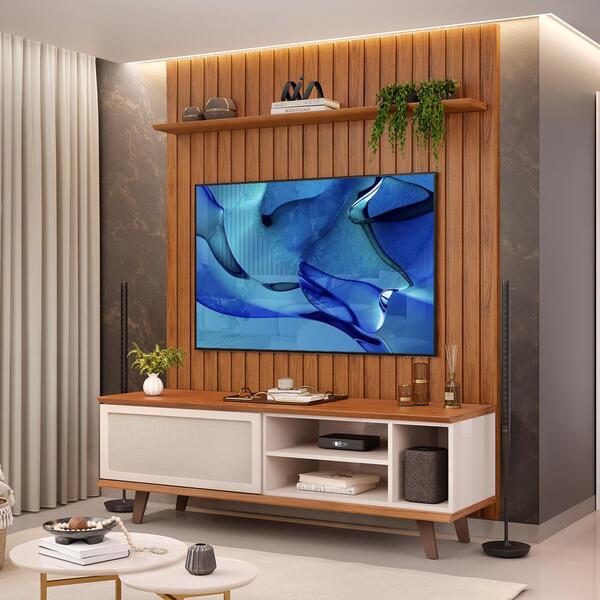 Rack Com Painel Ripado Tv Até 60 Polegadas Freijó Off White Bristol Pratic Dj Móveis | Leroy Merlin