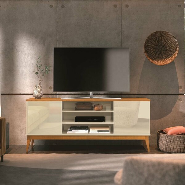 Rack Para Tv 65 Polegadas Pés Em Madeira Maciça Titan Off White / Cedro ...