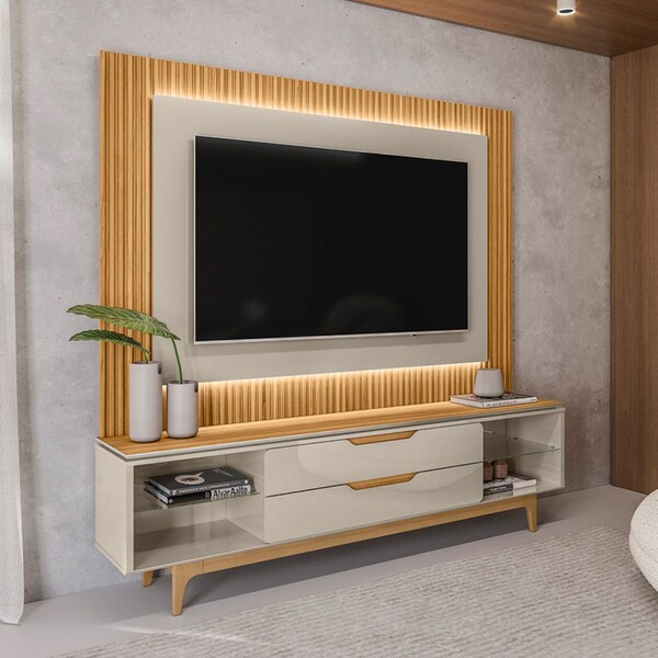 Rack Para Tv Até 70 Polegadas Los Angeles 2 Gavetas Ripado Com Led Tauari/off White Brilho ...