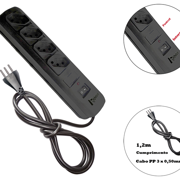 Régua Para Tomada Filtro De Linha Preto C/ 4 Tomadas Radial | Leroy Merlin