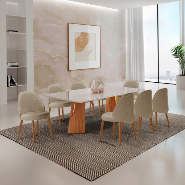 Sala De Jantar Mesa Florida 220cm Tampo Laqueado Com Vidro E 8 Cadeiras ...