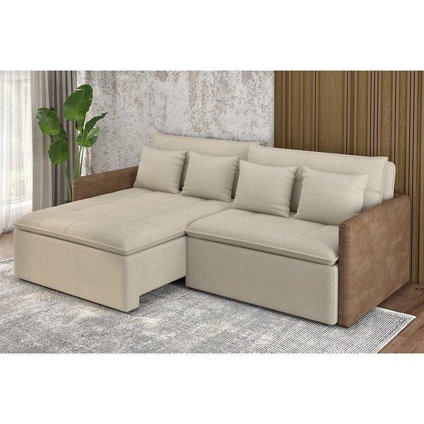 Sofá Cama Com Molas Retrátil 220cm 4 Almofadas Varsóvia Linho Bege ...