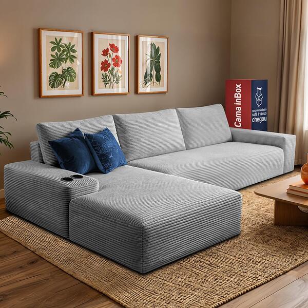 Sofá Evo 2,70m Molas Ensacadas com Chaise Lounge Esquerda Velourê Cinza ...