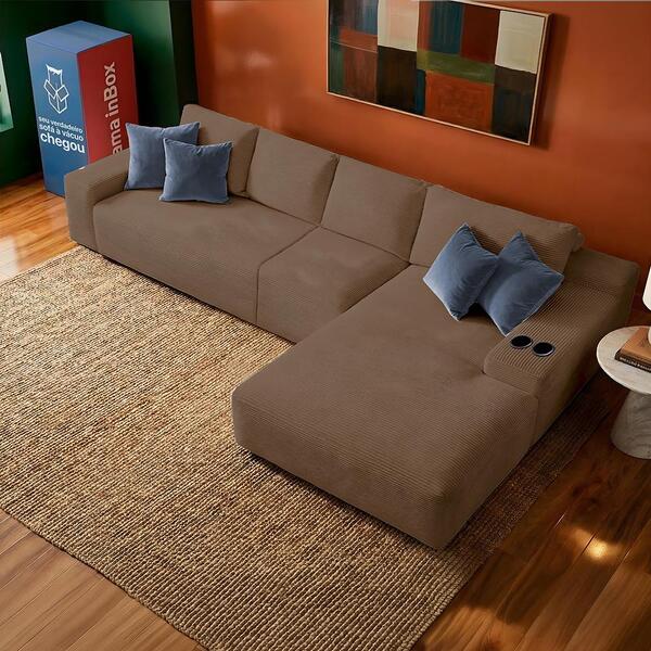 Sofá Evo 3,40m Molas Ensacadas com Chaise Lounge Direita Velourê Marrom ...