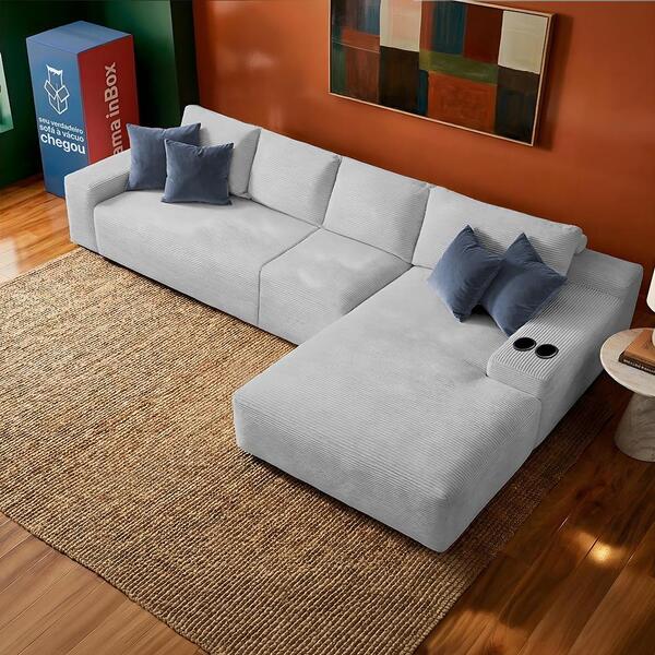 Sofá Evo 3,40m Molas Ensacadas com Chaise Lounge Direita Velourê Cinza ...