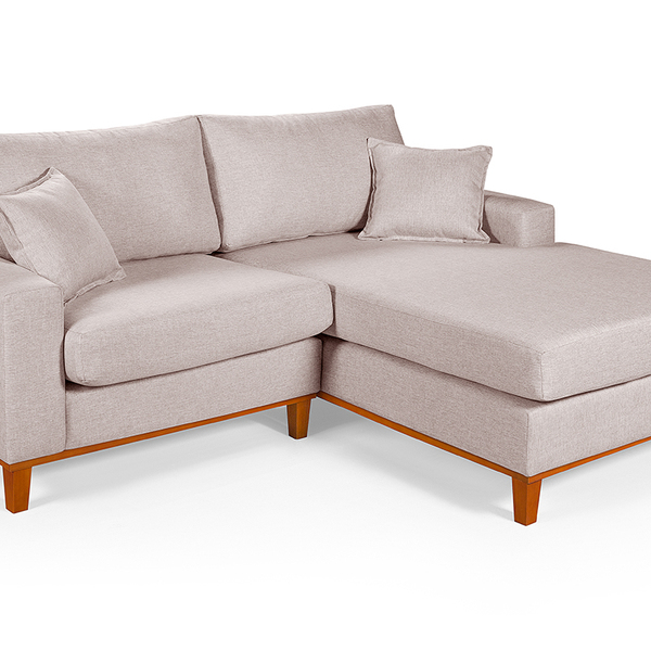 Sofa Living 2 Lugares Chaise Revestido Linho Base Em Madeira Champagne ...