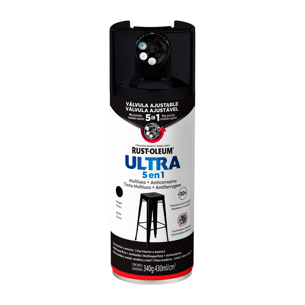 Tinta Spray Superfícies de Metal e Madeira Ultra 5 em 1 Preto Fosco 340g Rust-Oleum | Leroy Merlin