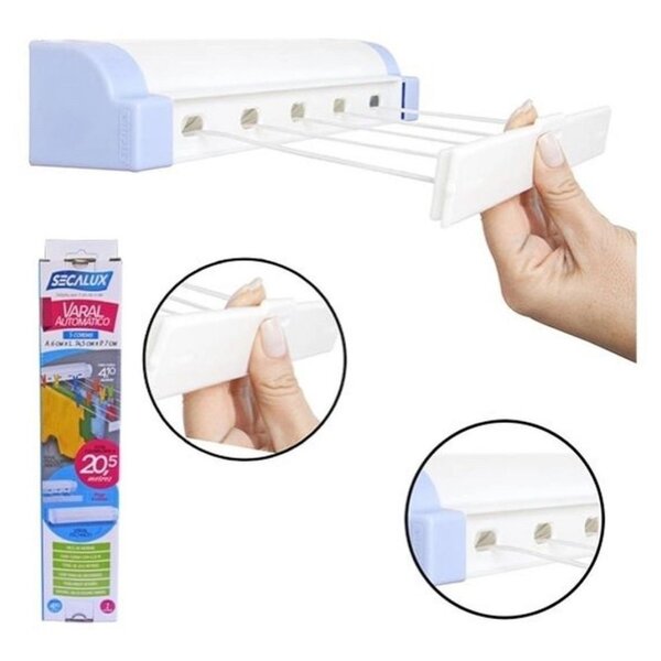 Varal Automático 5 Cordas Retrátil Parede 4,1 Metros Secalux - Branco ...